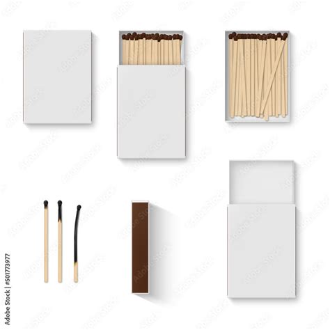 Collection Realistic Matchbox Blank Template Front Side View Vector Matches In Box Matchsticks