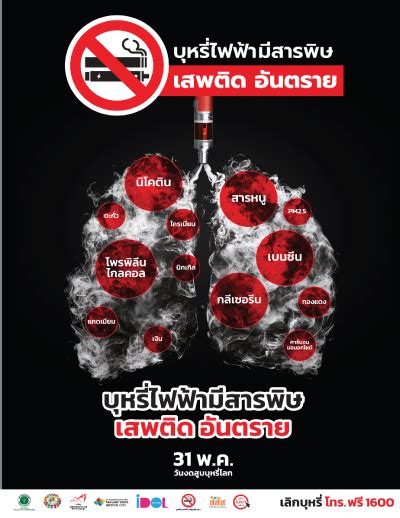 โปสเตอร์ บุหรี่ไฟฟ้ามีสารพิษ เสพติด อันตราย สื่อรณรงค์แนะนำ Smoke Free Zone