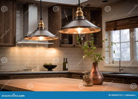 Detail Shot Of An Industrial Pendant Lighting Hanging Over A Kitchen Counter Stock Photo Image