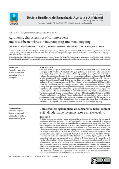 Pdf Agronomic Characteristics Of Common Bean And Castor Bean Hybrids
