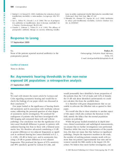 Pdf Re Asymmetric Hearing Thresholds In The Non Noise Exposed Uk