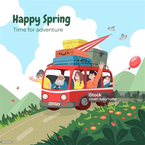 귀여운 도로 여행 자동차 모험 가족 여행 행복한 봄 꽃과 차량 짐을 싣고 밴 자동차 여름 관광 남자와 여자의 즐거운 축하 벡터 그림 배경 가족에 대한 스톡 벡터 아트 및
