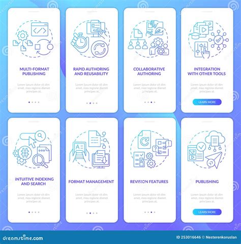 Lms And Cms Functionalities Blue Gradient Onboarding Mobile App Screen Set Vector Illustration