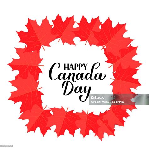 해피 캐나다 데이 타이포그래피 포스터 빨간색 단풍 나무 잎 프레임서 손 글자 캐나다 휴일 배너 파티 초대장 인사말 카드 전단지 스티커 등을 위한 벡터 템플릿 7월에 대한