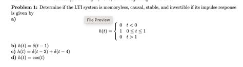 Solved Problem 1 Determine If The Lti System Is Memoryless