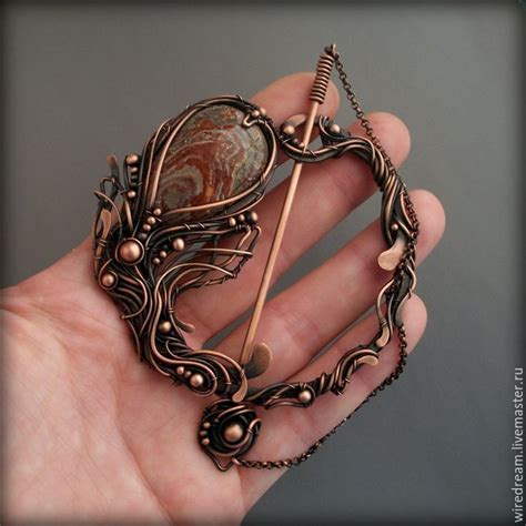 медная брошь с яшмой Украшения из плетеной проволоки Проволочные серьги Бижутерия из проволоки