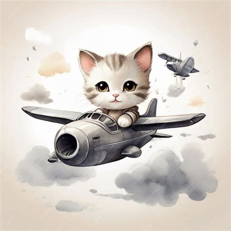 Premium Photo Cute Cat Is Driving A Plane Watercolor