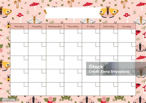 숫자가없는 귀여운 월간 달력 템플릿 여름 분위기 만화 스타일 인쇄 가능한 A4 용지 시트 글머리 기호 저널 페이지 플래너 트렌디 한 현대 벡터 일러스트 레이 션 손으로 그린