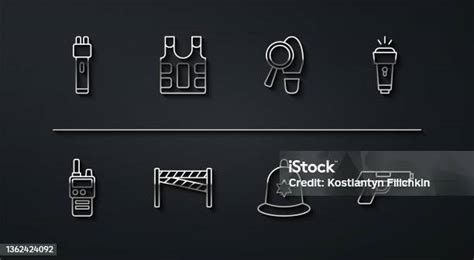 세트 라인 경찰 전기 충격 워키 토키 손전등 영국 경찰 헬멧 범죄 현장 방탄 조끼 권총 또는 총과 발자국 아이콘 벡터 검은색에 대한 스톡 벡터 아트 및 기타 이미지 Istock