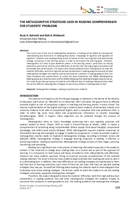 pdf the metacognitive strategies used in reading comprehension for