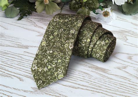 Green Tie Wedding Groomsmen Olive Green Tie Botanical Print Floral