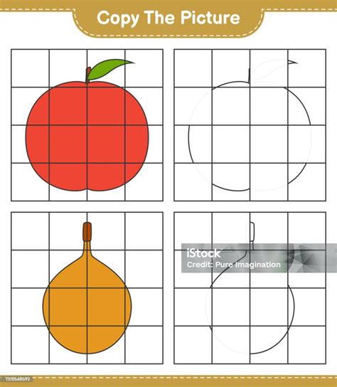 그림을 복사하여 그리드 라인을 사용하여 과일 사진을 복사합니다 교육 어린이 게임 인쇄 워크 시트 벡터 일러스트레이션 0명에 대한 스톡 벡터 아트 및 기타 이미지 Istock
