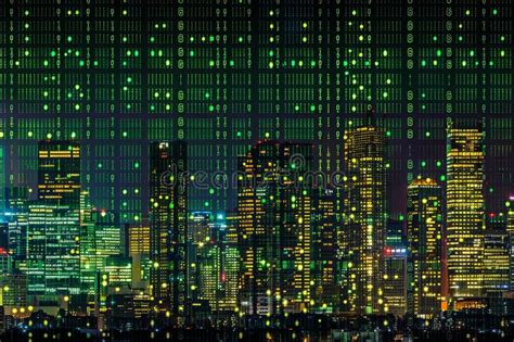 Illuminated Cityscape At Night With Binary Code A Representation Of Big