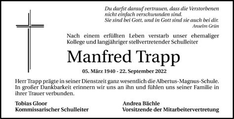 Traueranzeigen Von Manfred Trapp Trauerportal Ihrer Tageszeitung