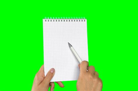 녹색 배경에 분리된 빈 페이지가 있는 메모장을 들고 있는 여성의 손 닫다 크로마 키 화면 빈 카드 종이 모형을 가진 여자의 손 광고 제스처 노트북 모형 그린 스크린