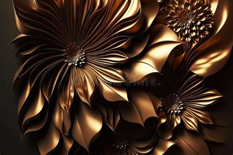 large volumetric 3d rendering paper flowers with long golden bronze