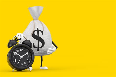 경사진 캔버스 리넨 머니 자루 또는 머니 백 및 달러 사인 캐릭터 마스코트와 알람 시계가 묶여 있습니다 3d 렌더링 벽 시계에 대한 스톡 사진 및 기타 이미지 Istock