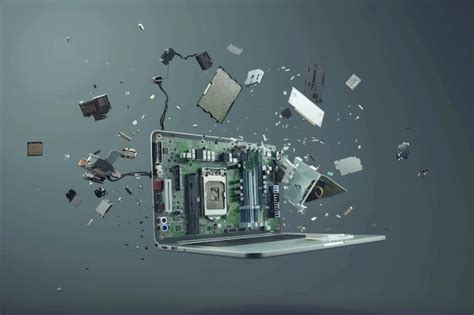 Notebook Computer Components Flying Out Of Silver Laptop Case Premium