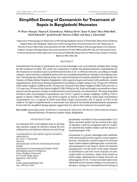 Pdf Simplified Dosing Of Gentamicin For Treatment Of Sepsis In Bangladeshi Neonates