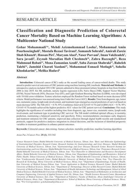 Pdf Classification And Diagnostic Prediction Of Colorectal Cancer Mortality Based On Machine
