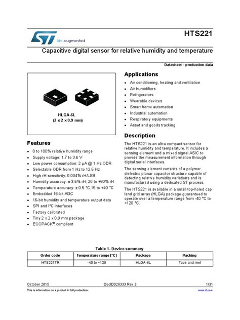 Hts221 Humidity And Temp Sensor Digital Pdf Digital Electronics Computer Engineering