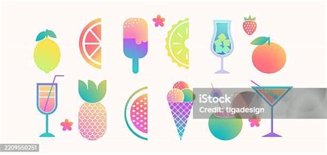 기하학적 그라데이션 음료 과일 및 아이스크림의 여름 세트 칵테일 파인애플 레몬 오렌지 수박 딸기 플랫 디자인의 트렌디한 벡터