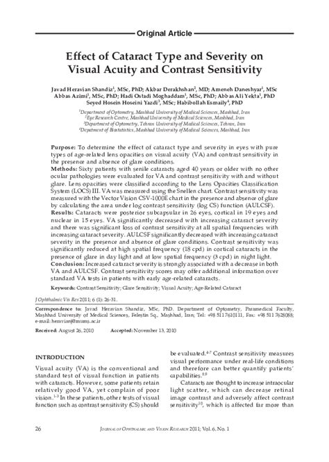 Pdf Effect Of Cataract Type And Severity On Visual Acuity And Contrast Sensitivity