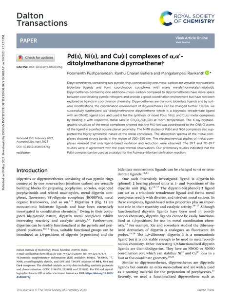 Pdf Pdii Niii And Cuii Complexes Of αα Ditolylmethanone Dipyrroethene