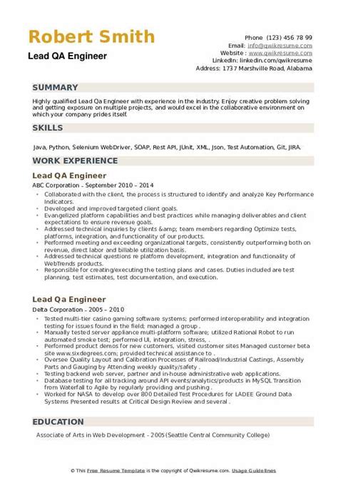 Qa Engineer Resume Template Printable Word Searches
