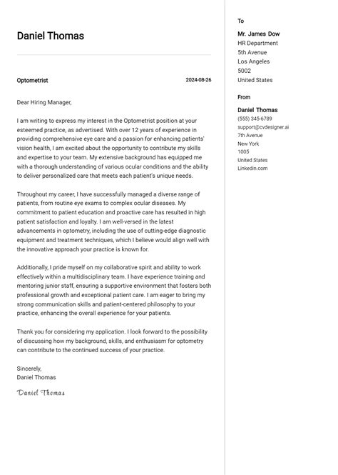 Optometrist Cover Letter Example For 2024 Writing Guide Cvdesigner Ai