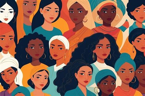 Female Diverse Faces Of Different Ethnicity Poster Women Empowerment Movement Pattern Premium