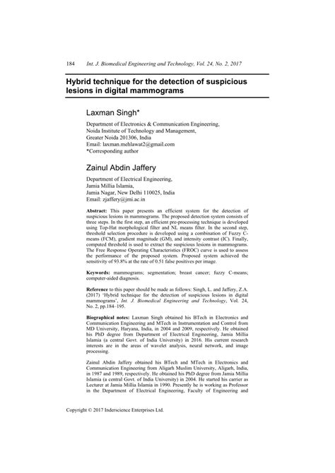 Pdf Hybrid Technique For The Detection Of Suspicious Lesions In Digital Mammograms