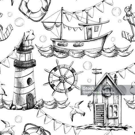 등대 어부의 오두막 낚시 보트 스티어링 휠 구명 부표 닻과 해양 테마 흑백 단색의 그래픽 일러스트레이션 라인 아트 잉크로 손으로 그렸습니다 원활한 패턴 갈매기에 대한 스톡