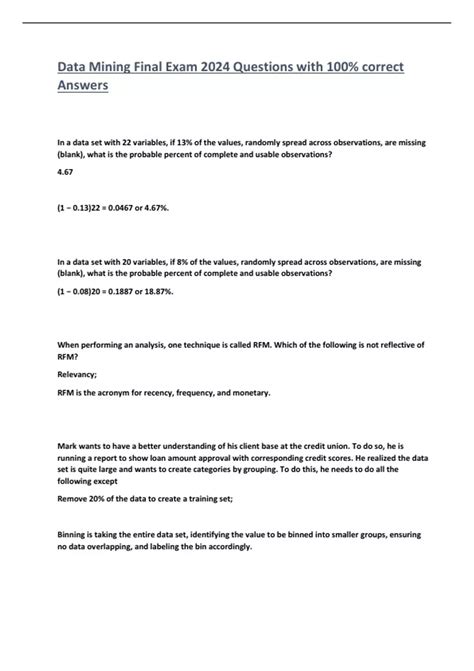 Data Mining Final Exam 2024 Questions With 100 Correct Answers Data