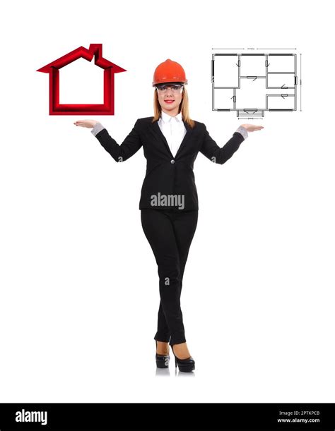 Woman Engineer Holding Blueprint And House Stock Photo Alamy