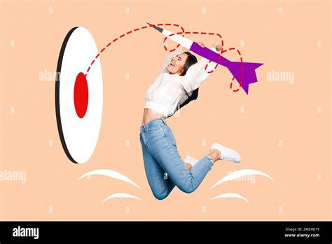 Collage Photo Of Young Funny Business Woman Jumping Active Hold Arrow Trajectory Point Finish