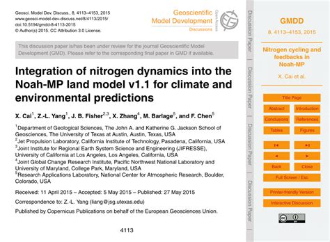 PDF Integration Of Nitrogen Dynamics Into The Noah MP Land Model V For Climate And