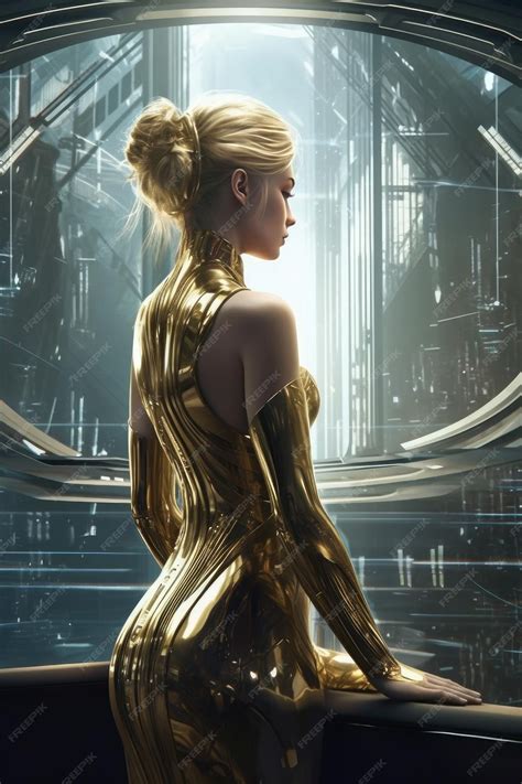 Premium Photo Artistic Processing Fantasy Girl Princess In Gold Dress Stands In Futuristic