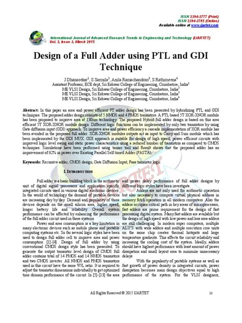 Design Of A Full Adder Using Ptl And Gdi Technique Pdf Cmos Electronic Engineering