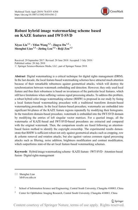 Robust Hybrid Image Watermarking Scheme Based On Kaze Features And Iwt Svd Request Pdf
