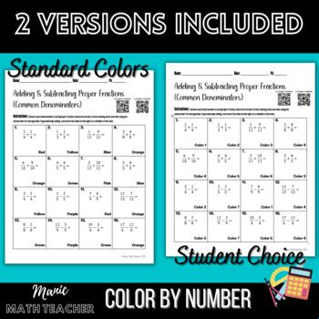 Color By Number Adding Subtracting Proper Fractions With Common Denominators