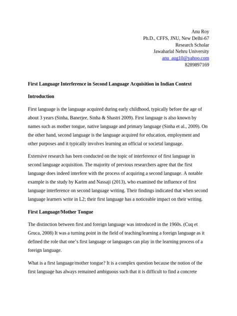 First Language Interference In Second Language Acquisition In Indian Context Pdf Cost Of