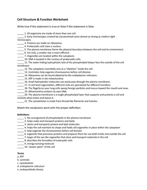 Cell Structure Worksheet Cell Structure And Function Worksheet