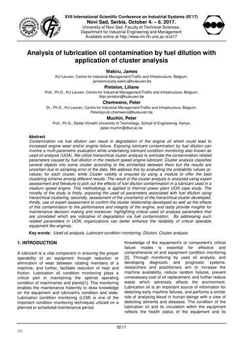 Pdf Analysis Of Lubrication Oil Contamination By Fuel Dilution With Application Of Cluster
