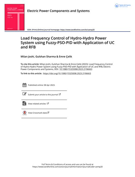 PDF Load Frequency Control Of Hydro Hydro Power System Using Fuzzy PSO PID With Application Of