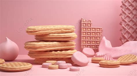 생생한 분홍색 배경의 맛있는 3d 렌더링 바삭한 웨이퍼 밀크 베이커리 간식과 와플 홍색 배경 바삭 배경 베이커 배경 이미지 Hd 홍색 바삭 베이커 배경 사진 무료