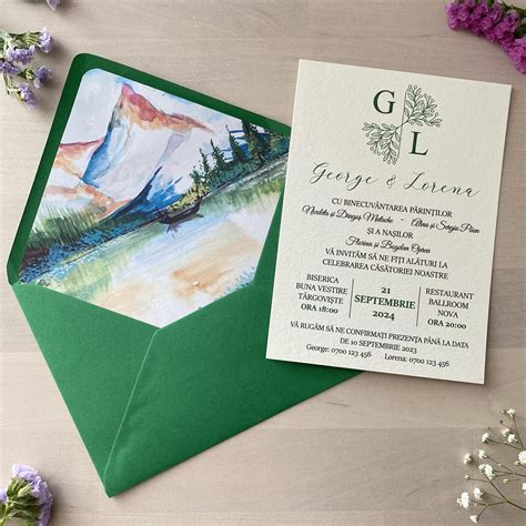 [set] Invitații Nuntă 24 Minimalist Monogram Plic Verde Cu Liner Cgo Invitații De Nuntă