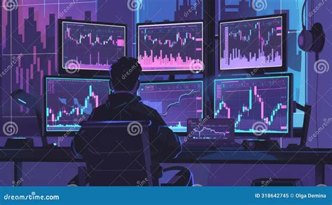 Back View Of A Trader Monitoring Diverse Stock Markets On Multiple