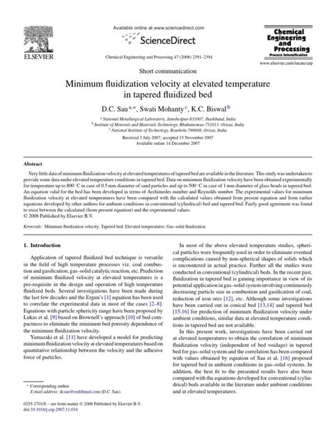 Minimum Fluidization Velocity At Elevate Pdf Fluidization Gases