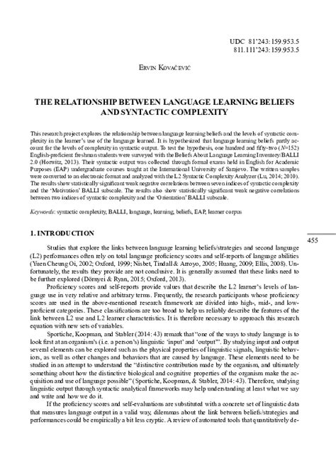 Pdf The Relationship Between Language Learning Beliefs And Syntactic Complexity